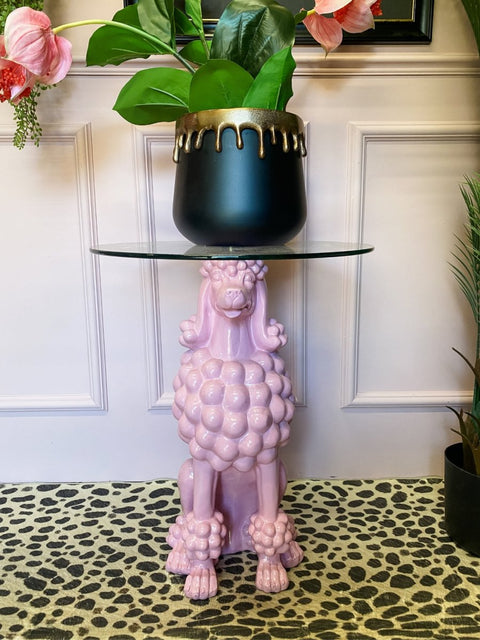 Pink Sitting Priscilla Poodle Glass Top Side Table | Punk & Poodle