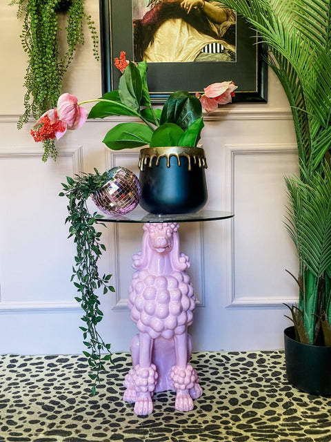 Pink Sitting Priscilla Poodle Glass Top Side Table | Punk & Poodle