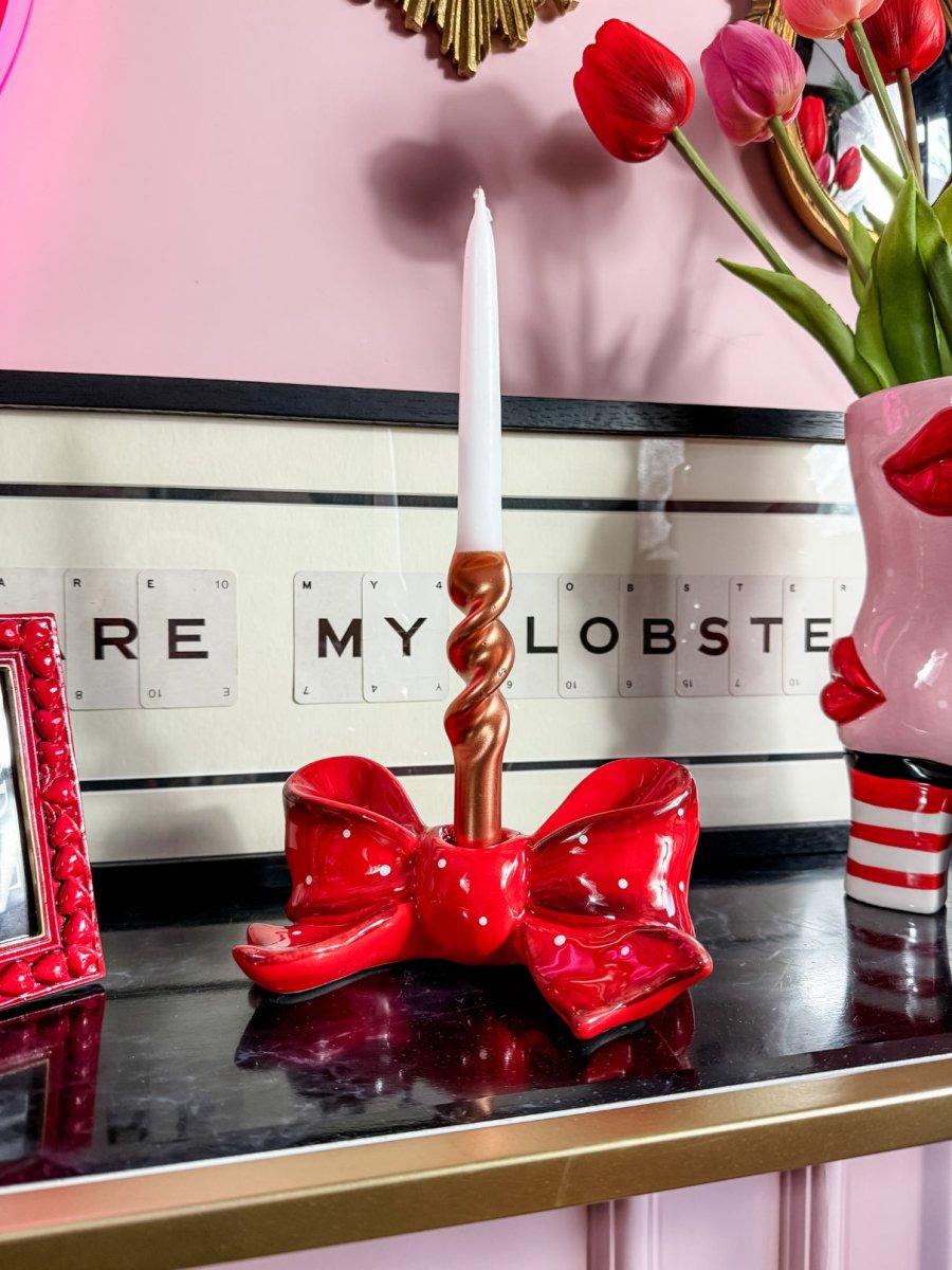 Ruby Red Ribbon Bow Ceramic Candle Holder | Punk & Poodle