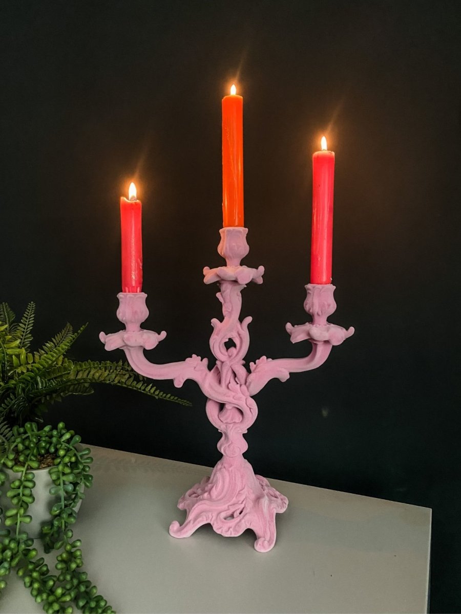 Pink Flock Ornate Candelabra | Punk & Poodle